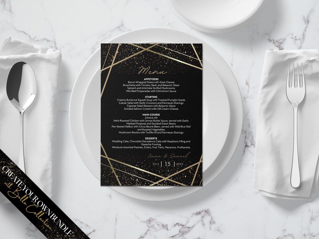 BELLE Printable Wedding Table Menu Card Template, Black and Gold ...