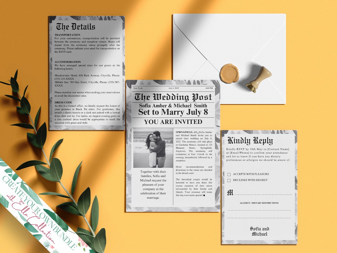 ELLA Printable Newspaper Wedding Invitation Suite, Black and White ...