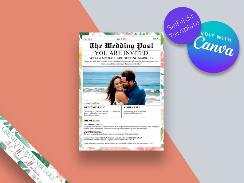 ELLA Printable Newspaper Wedding Invitation, Pink Summer Flowers and ...