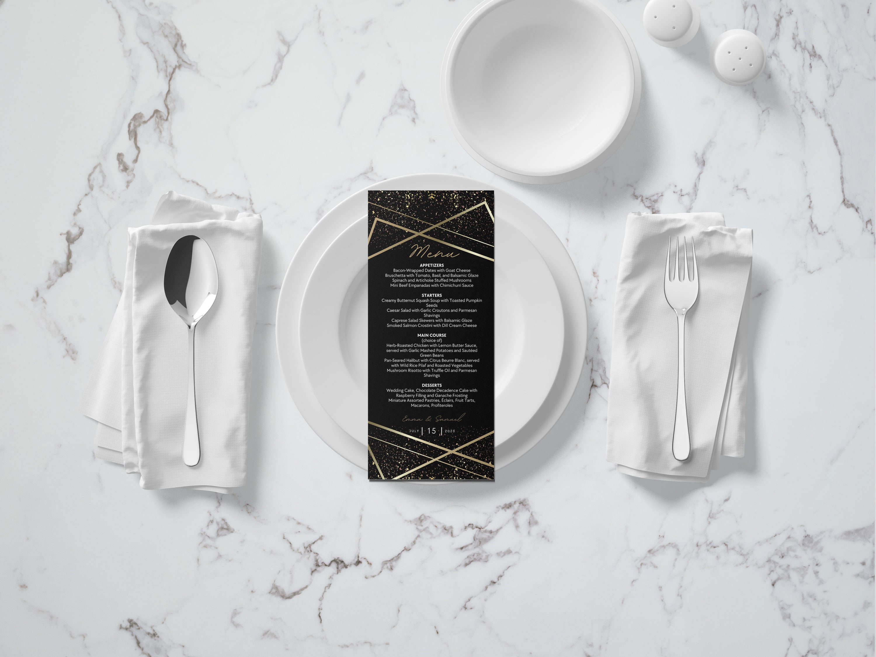 BELLE Printable Wedding Table Menu Card Template, Black and Gold, Geometric Design, Elegant Menu ...