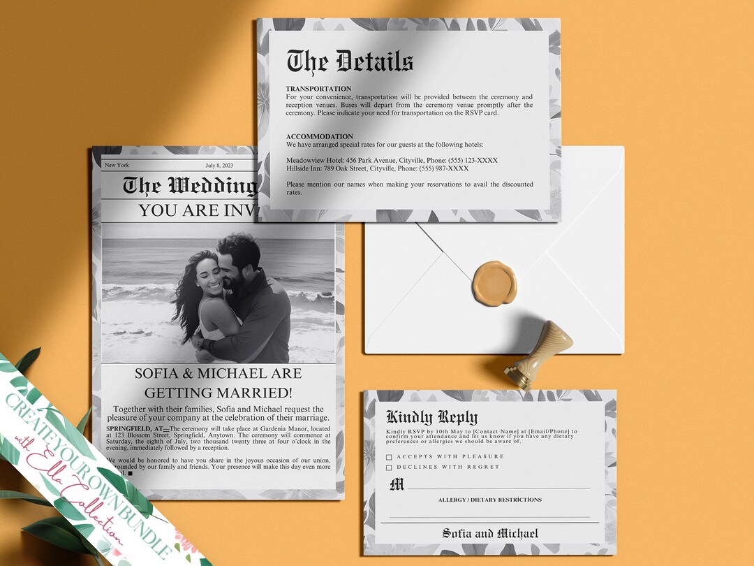 ELLA Printable Newspaper Wedding Invitation Suite, Black and White ...