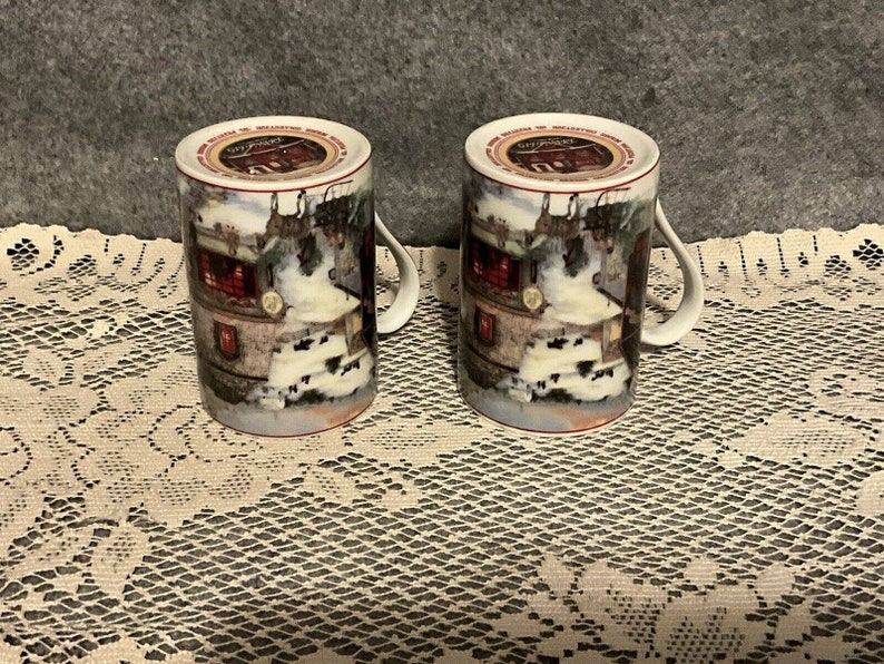Vintage Farmhouse Coffee Cups Set of 2 Mugs Winter Country Barn Design ...