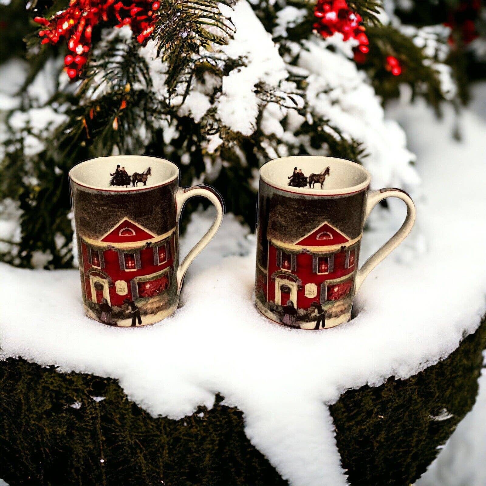 Vintage Farmhouse Coffee Cups Set of 2 Mugs Winter Country Barn Design ...