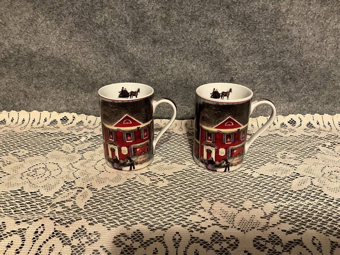 Vintage Farmhouse Coffee Cups Set of 2 Mugs Winter Country Barn Design ...