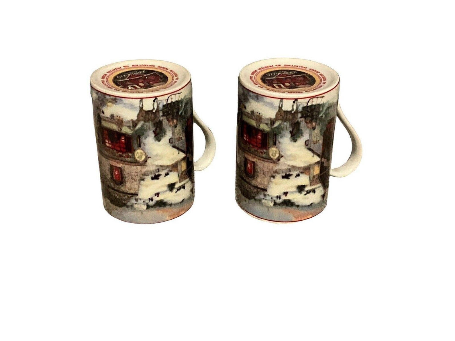 Vintage Farmhouse Coffee Cups Set of 2 Mugs Winter Country Barn Design ...