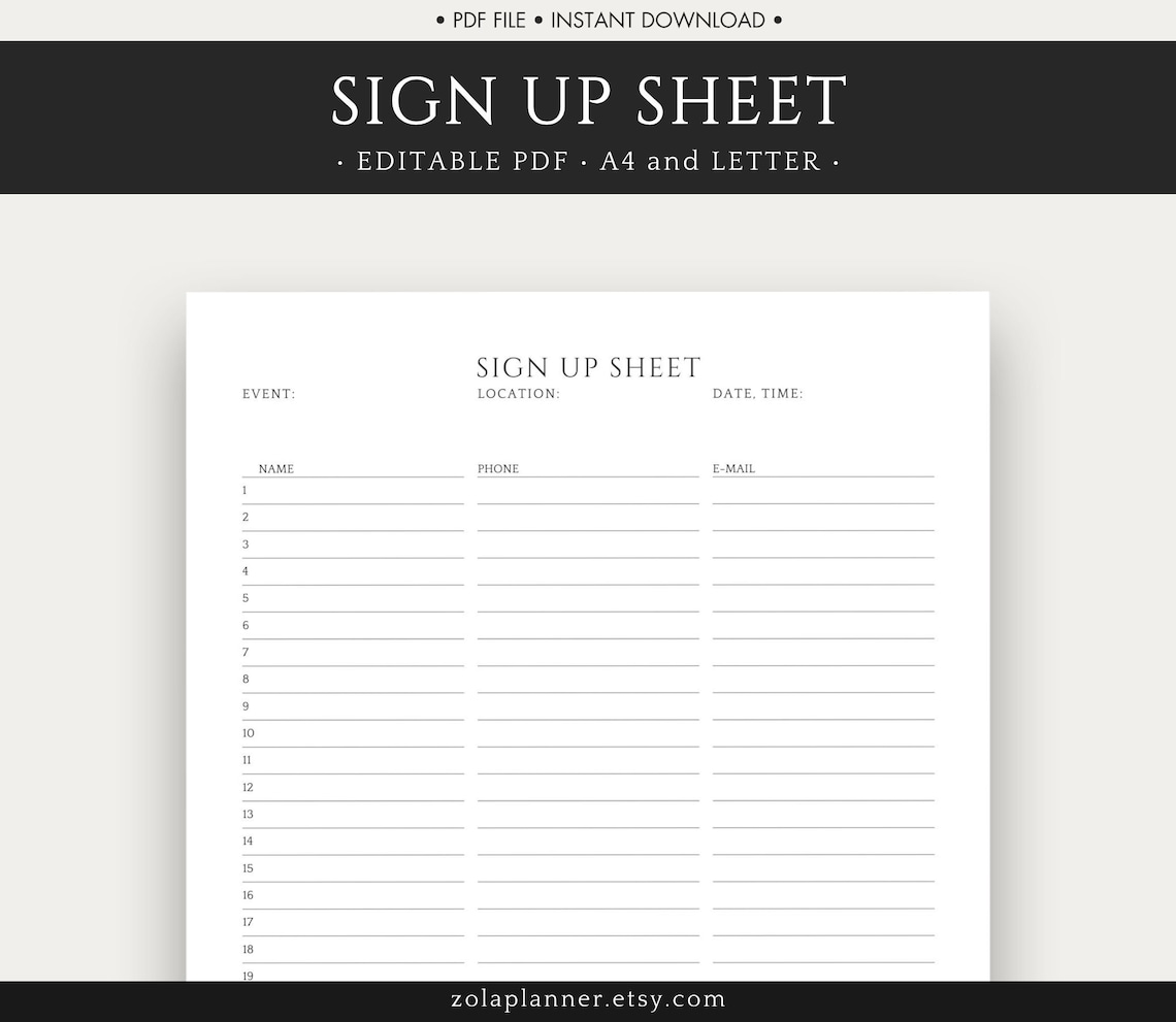Editable Sign up Sheet. Printable Sign up Template. Event Sign in List ...