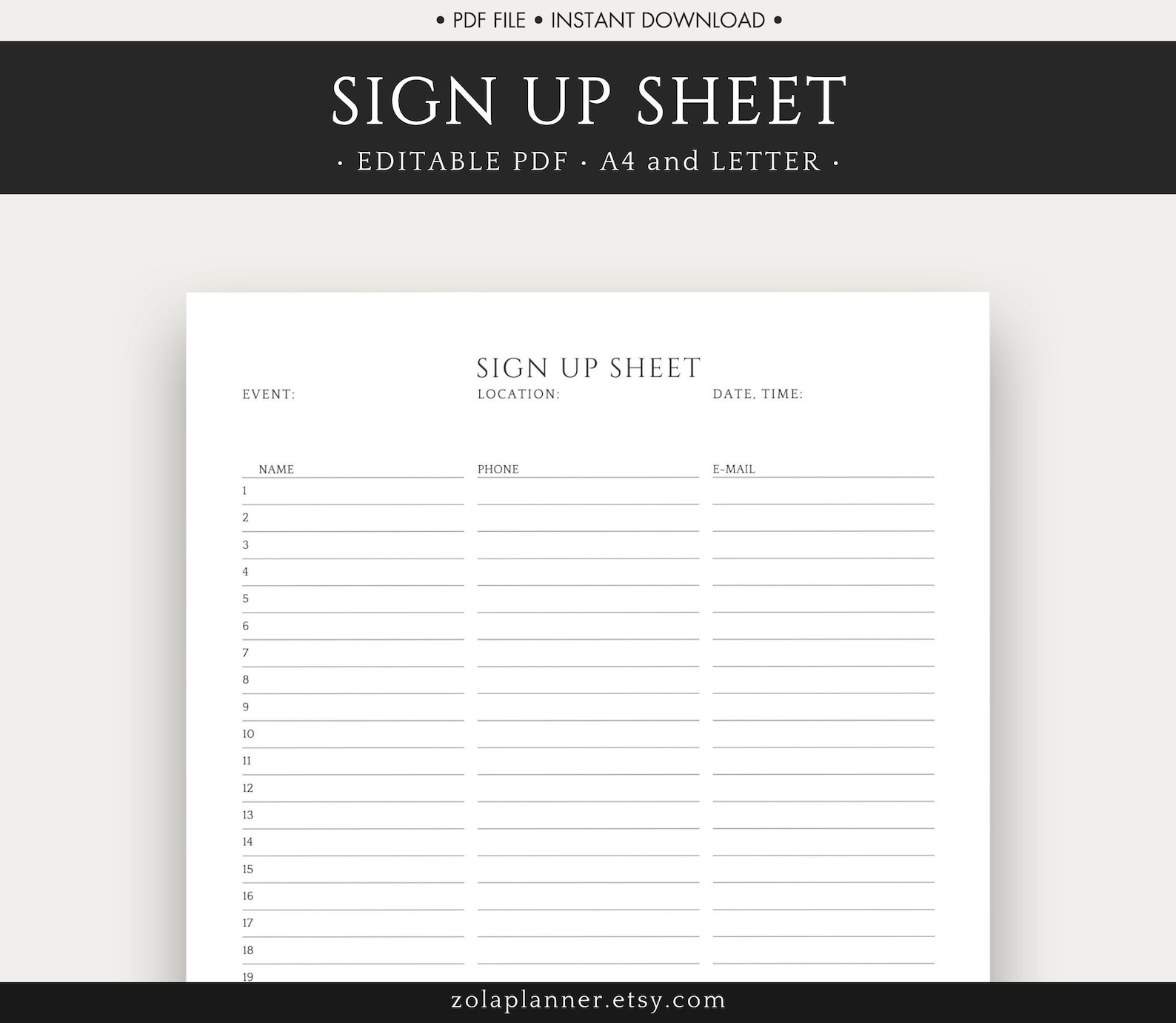 Editable Sign up Sheet. Printable Sign up Template. Event Sign in List ...