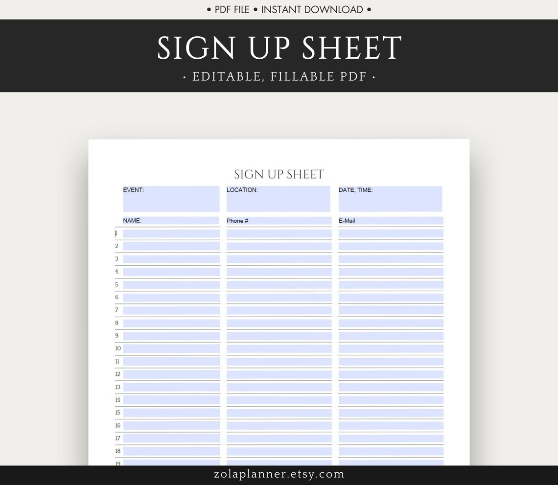 Editable Sign up Sheet. Printable Sign up Template. Event Sign - Etsy ...