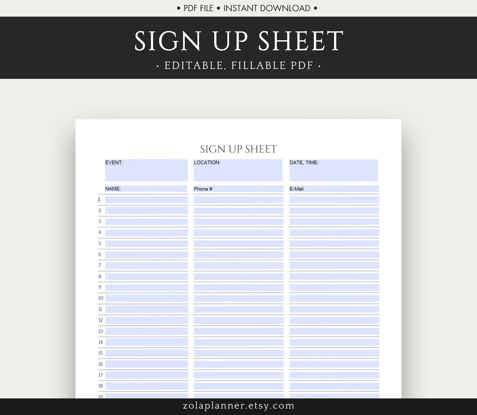Editable Sign up Sheet. Printable Sign up Template. Event Sign in List ...