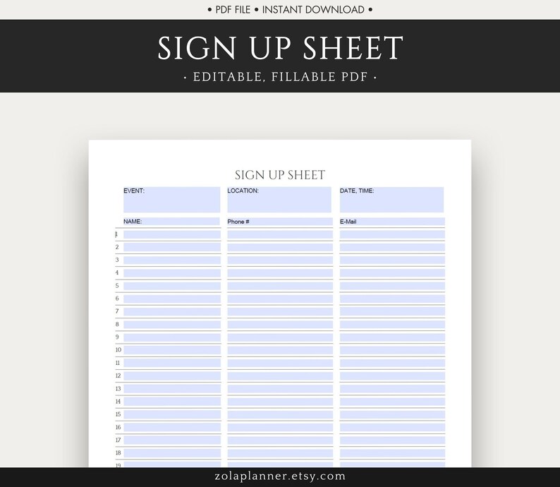 Editable Sign up Sheet. Printable Sign up Template. Event Sign - Etsy