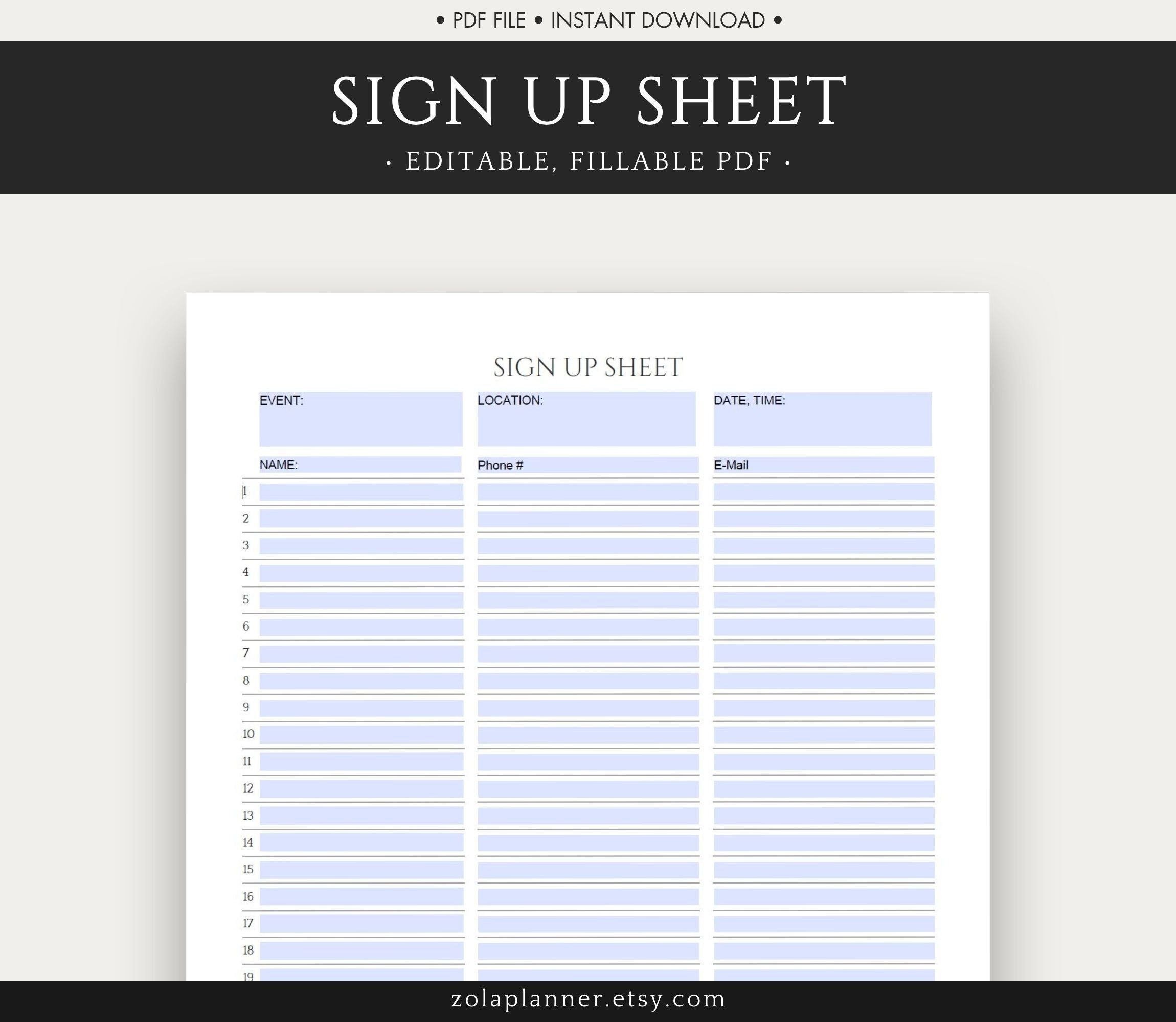 Editable Sign up Sheet. Printable Sign up Template. Event Sign - Etsy ...