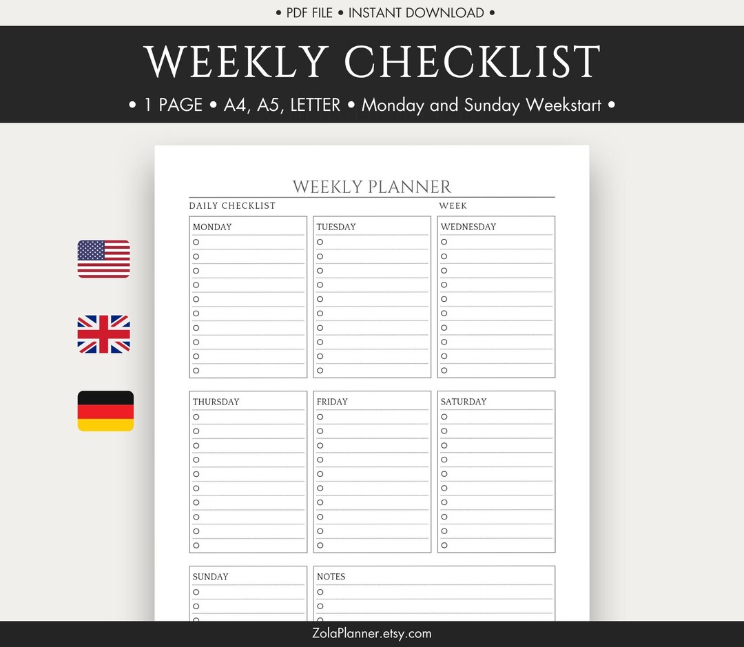 Weekly Checklist Editable and Printable. Elegant Weekly - Etsy