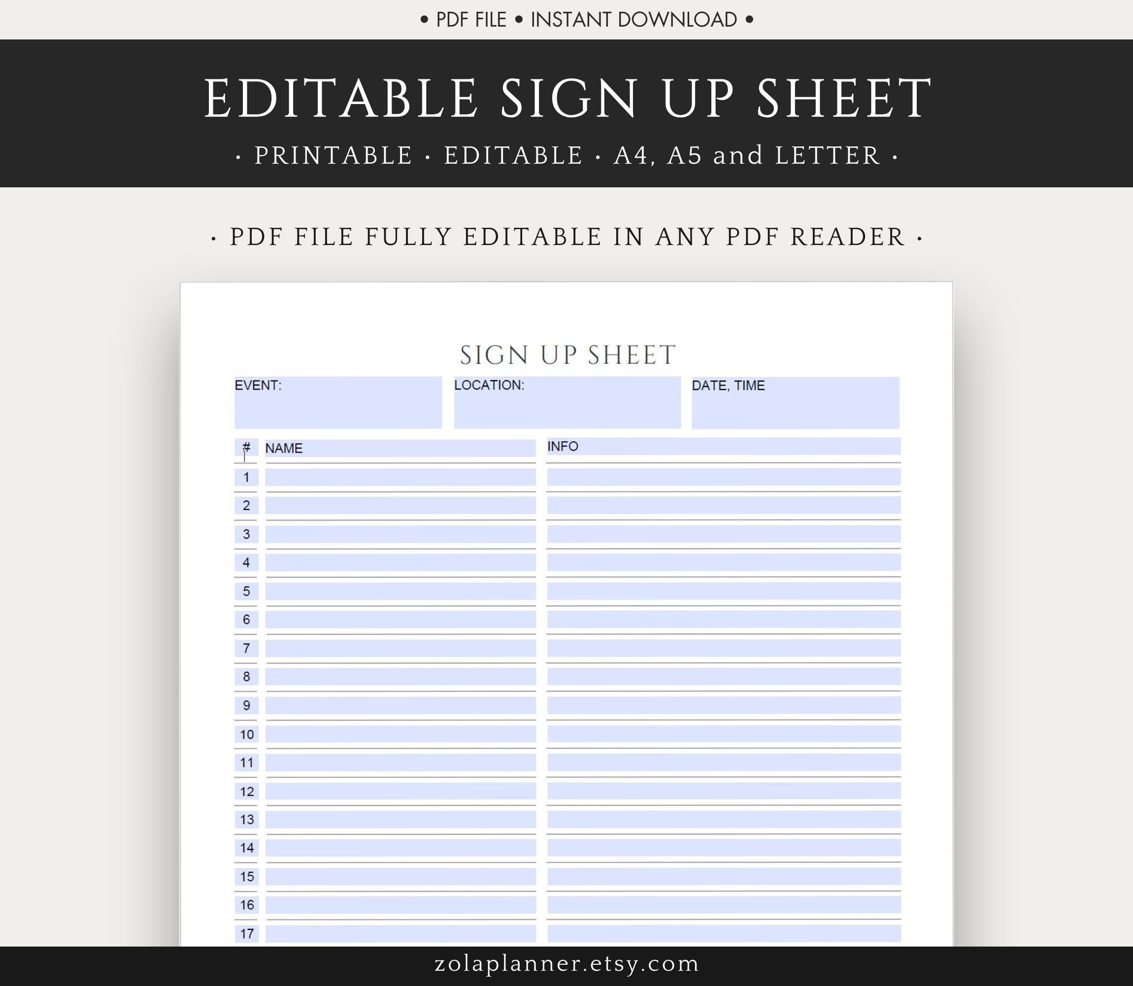Sign up Sheet Editable. Customizable and Printable Sign up Sheet ...