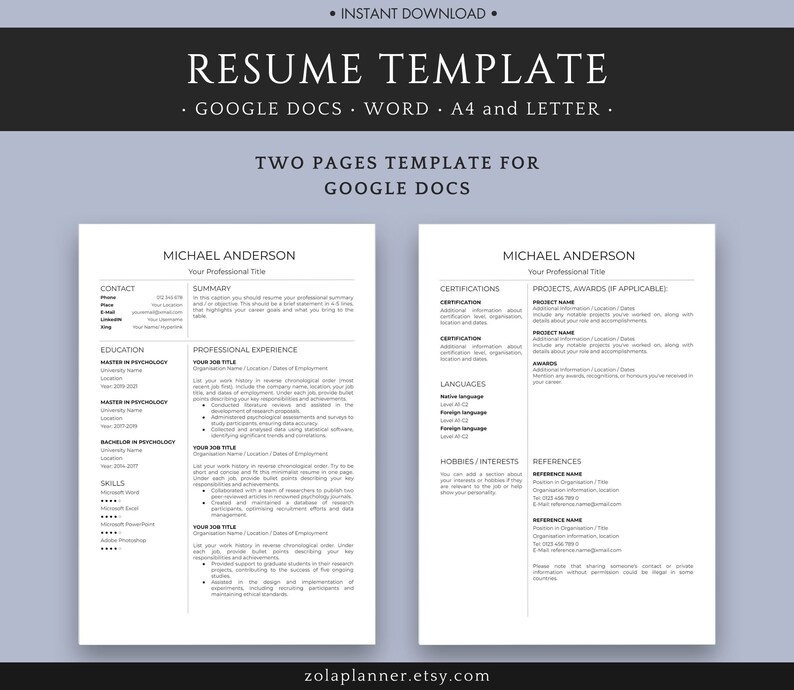 Resume Template With Cover Letter Template. Google Docs and Word CV ...