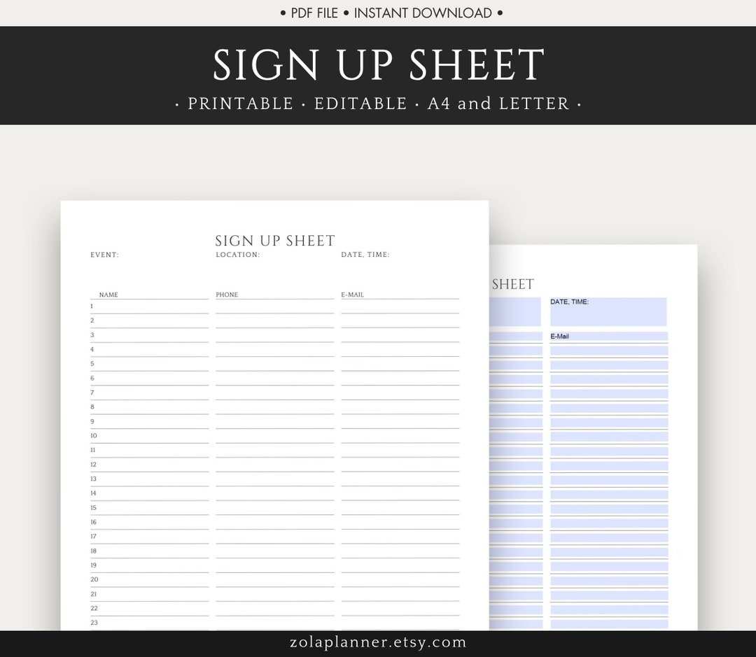 Editable Sign up Sheet. Printable Sign up Template. Event Sign in List ...