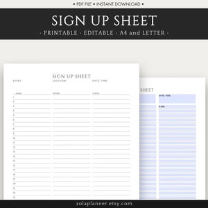 Editable Sign up Sheet. Printable Sign up Template. Event Sign - Etsy