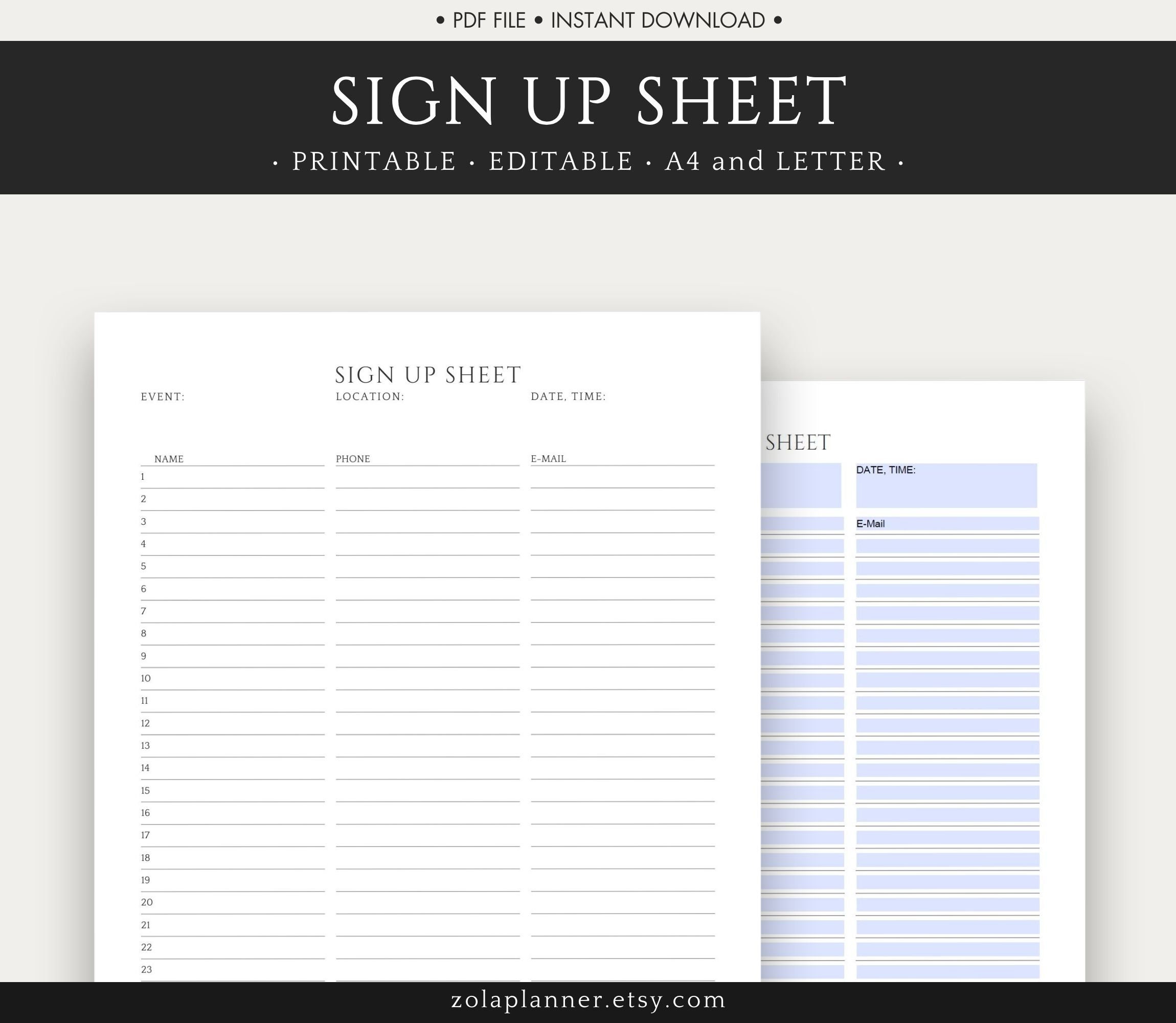 Editable Sign up Sheet. Printable Sign up Template. Event Sign - Etsy