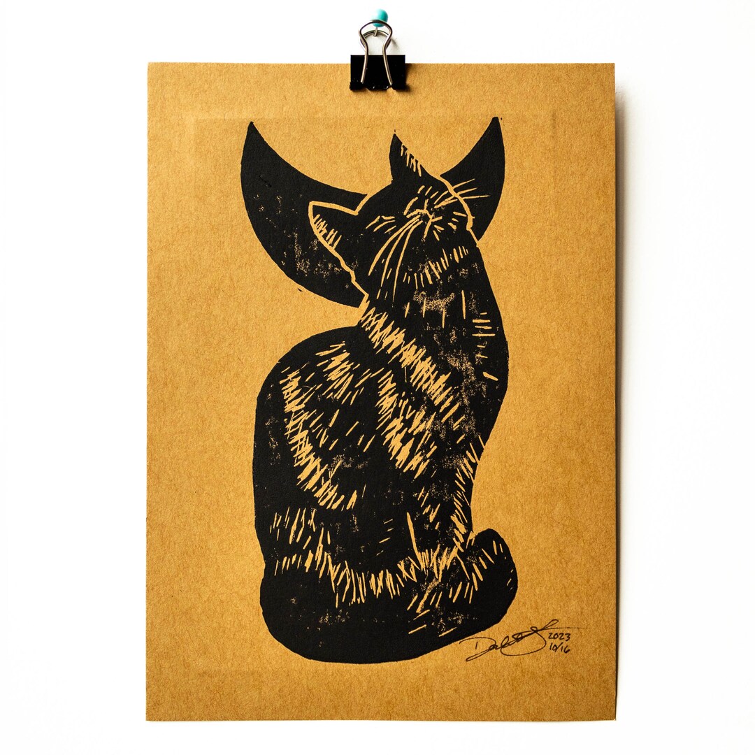 Black Cat Block Print: 5x7 Inches on Kraft Paper - Etsy