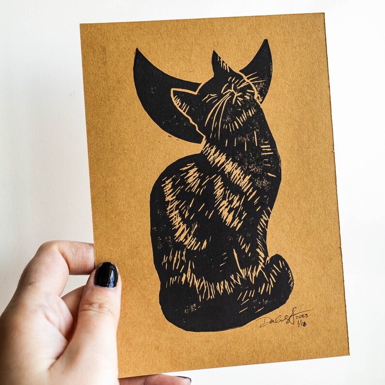 Black Cat Block Print: 5x7 Inches on Kraft Paper - Etsy