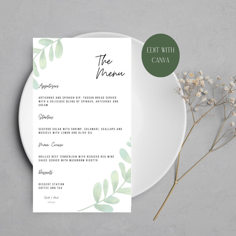 Greenery Menu Template INSTANT DOWNLOAD Digital Invitation - Etsy
