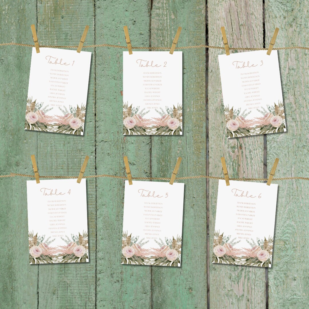 Boho Wedding Seating Cards Template INSTANT DOWNLOAD Pampas Grass ...