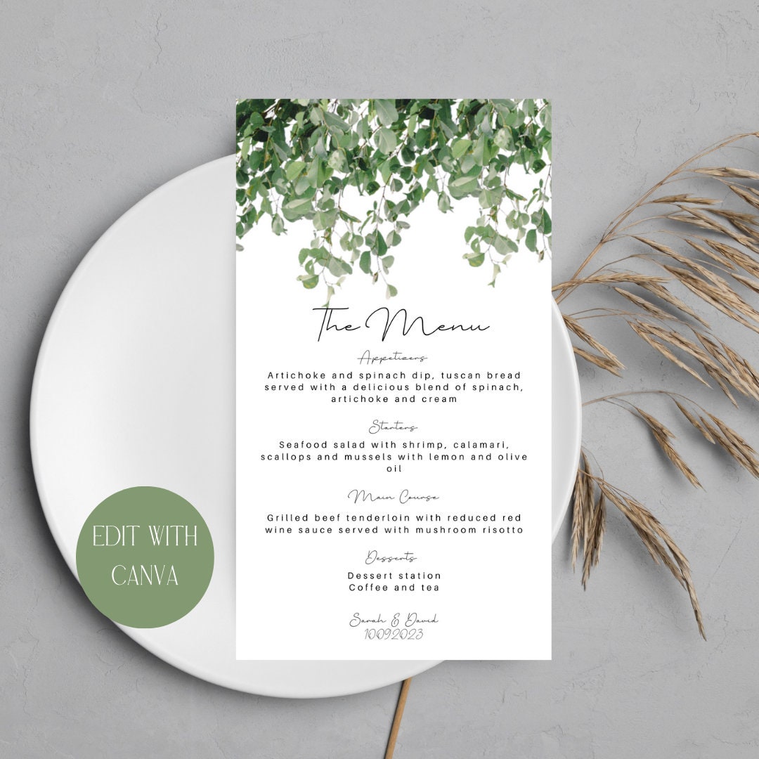 Greenery Menu Template INSTANT DOWNLOAD Long Wedding Menu - Etsy