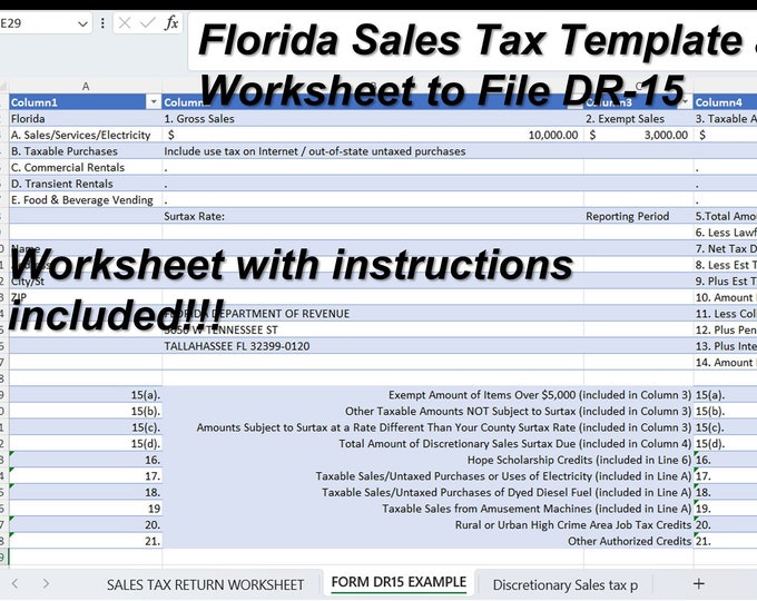 Florida Sales Tax Worksheet and Template to File DR15 - Etsy