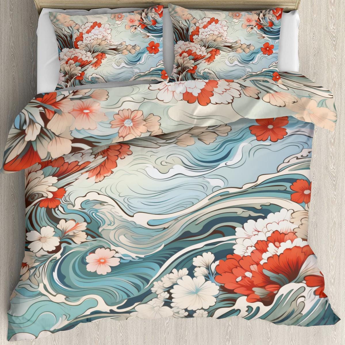 Comforter Set Japanese Folk Art Floral Water Bedroom Decor Bed Cover ...