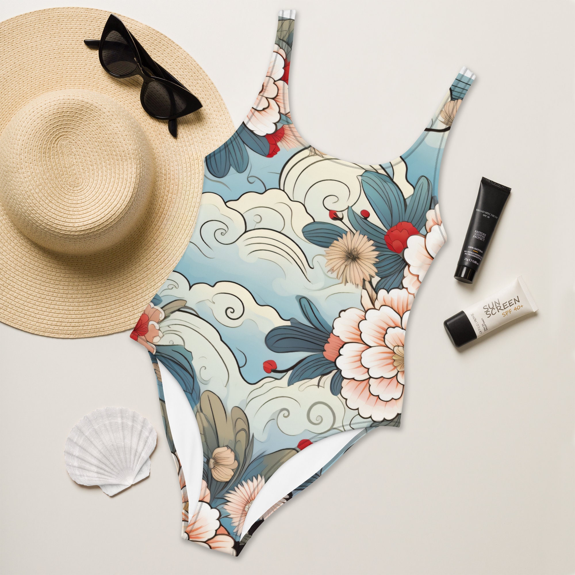 Japanese Print Floral Swim Suit Beach Wear Travel Grand Child for Them ...