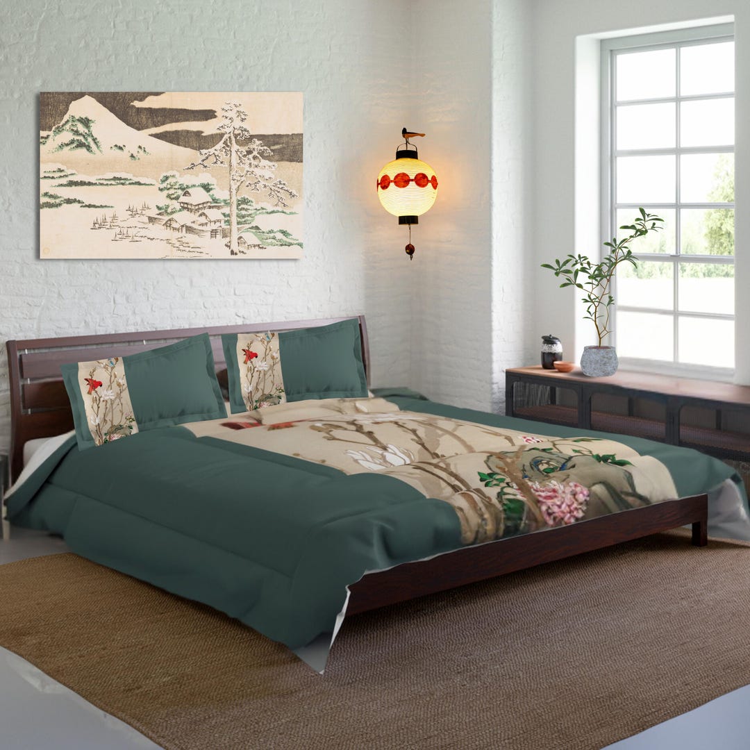 Japanese Bird Print Comforter Set, Quilt, Bedding, Bedroom Decor, Home ...