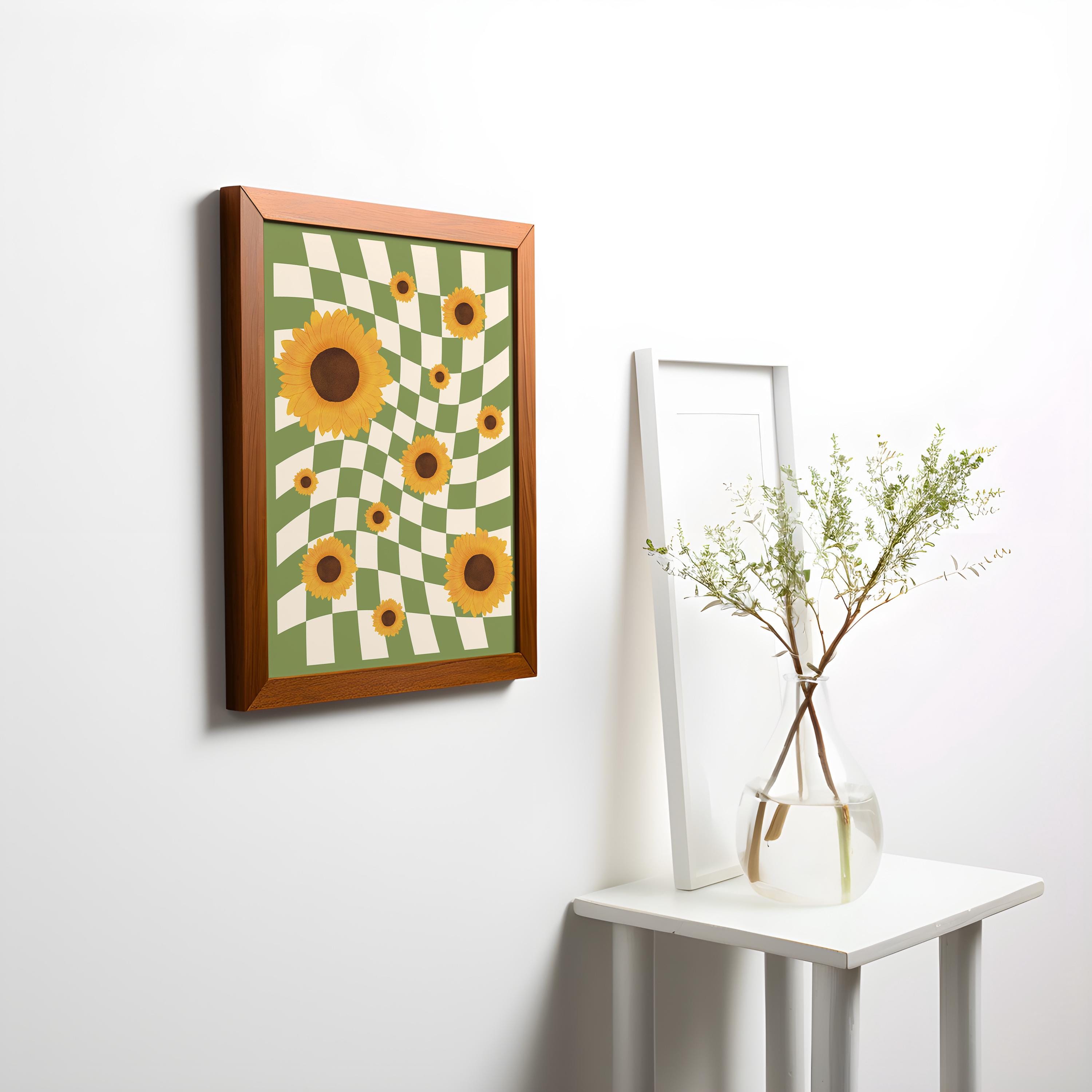 Sunflower Checker Box Sage Green Wall Art, Retro Trendy Wall Art ...