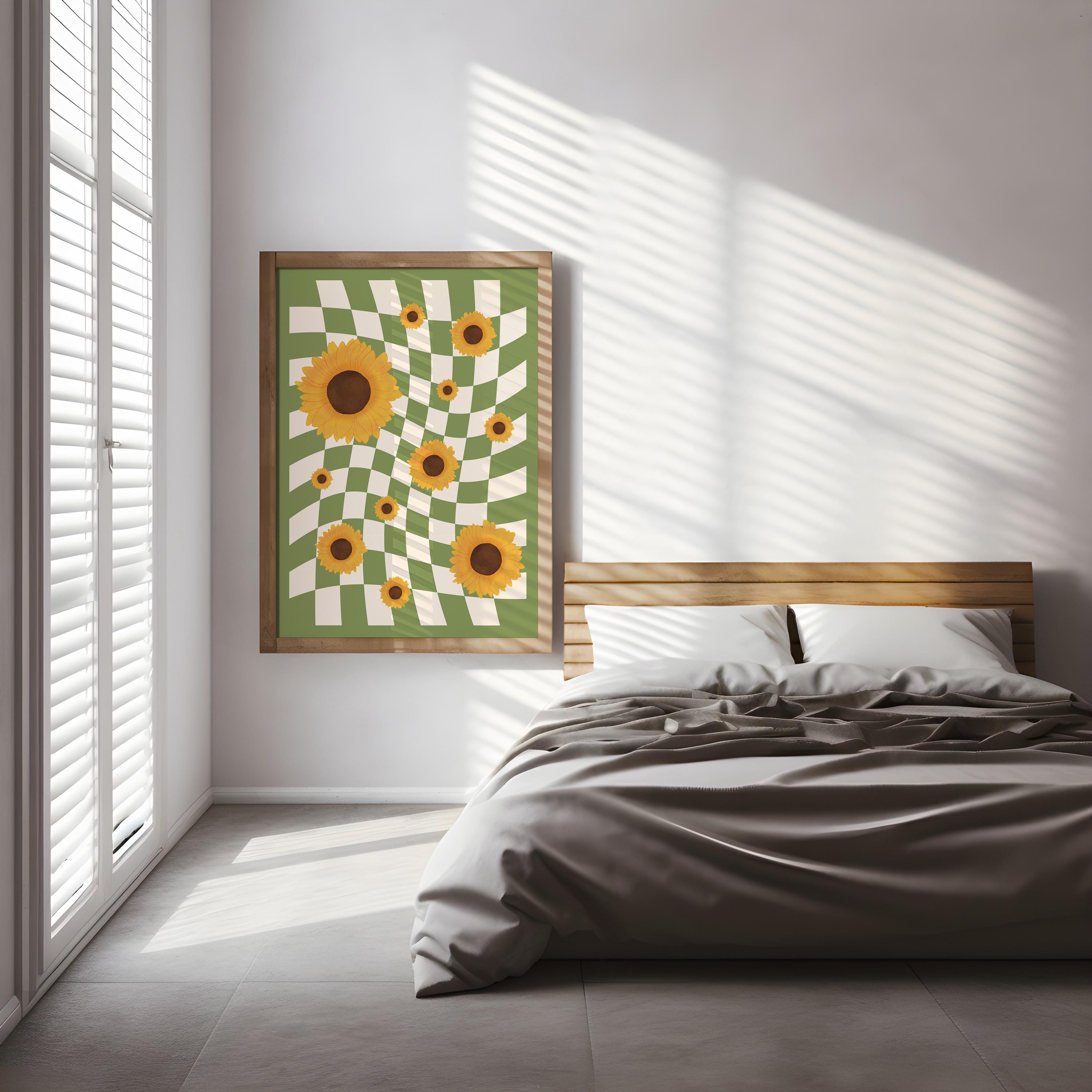 Sunflower Checker Box Sage Green Wall Art, Retro Trendy Wall Art ...