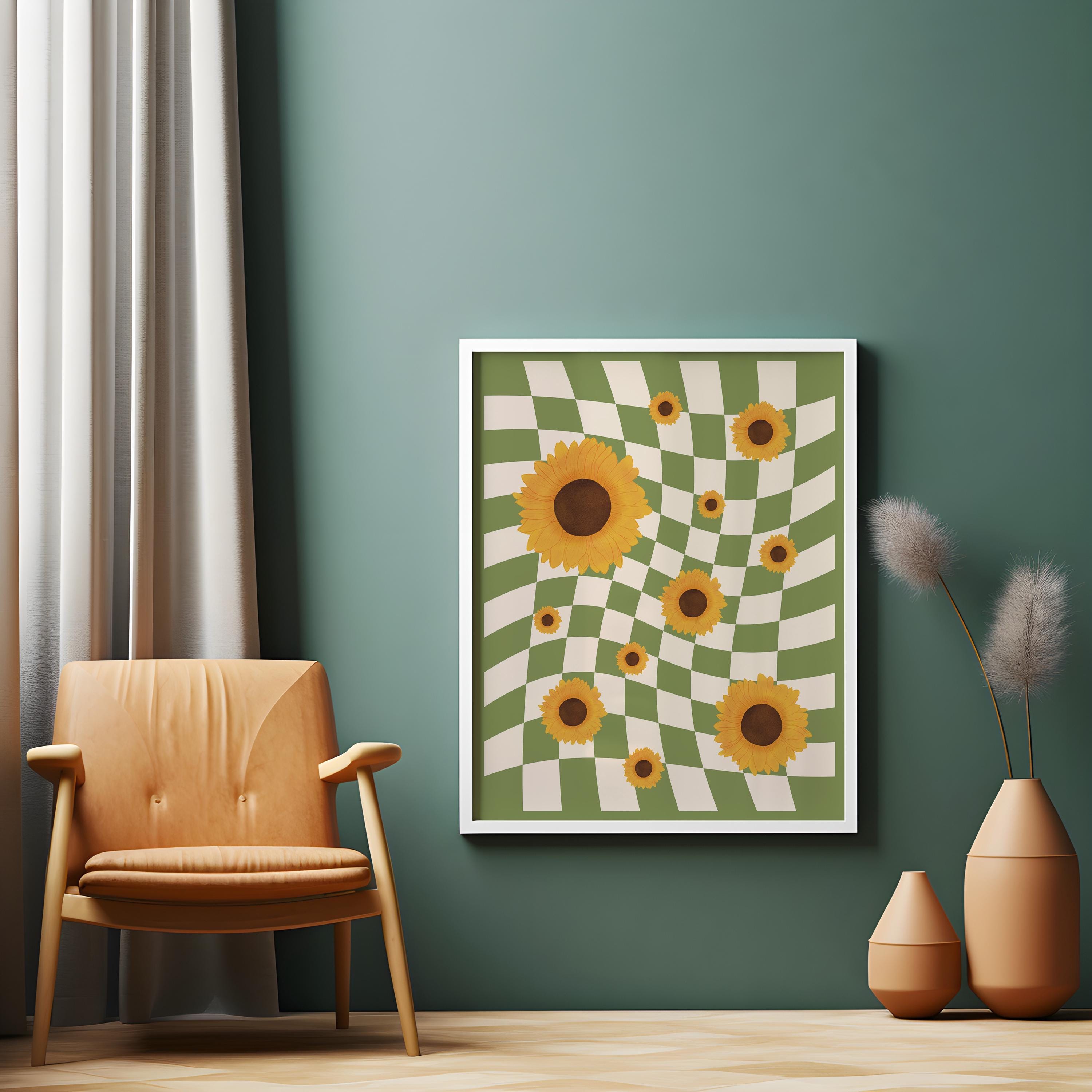 Sunflower Checker Box Sage Green Wall Art, Retro Trendy Wall Art ...