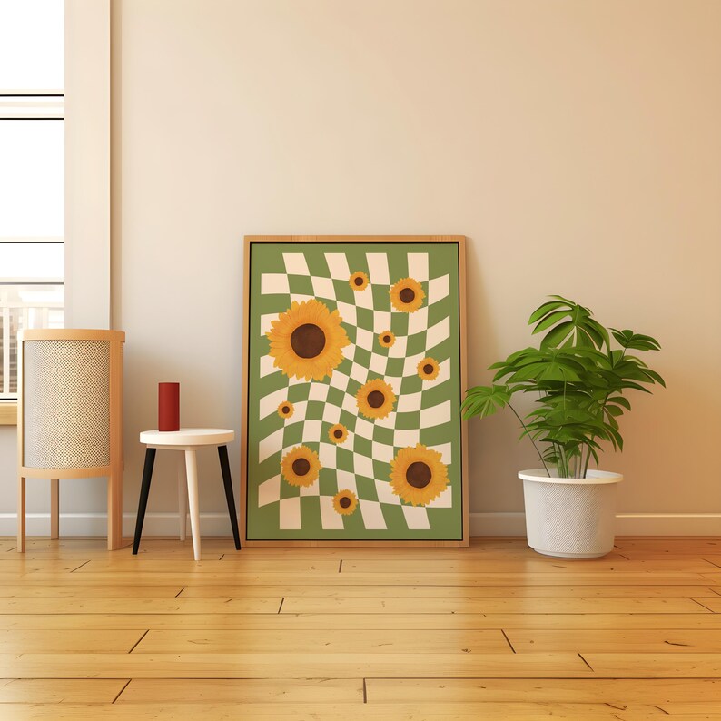 Sunflower Checker Box Sage Green Wall Art, Retro Trendy Wall Art ...