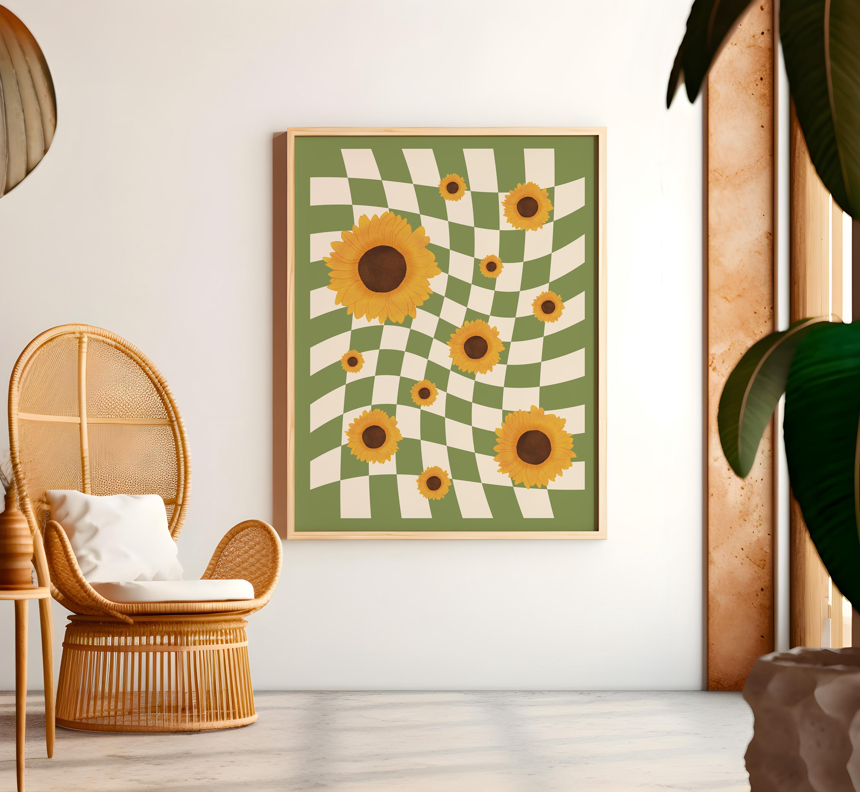 Sunflower Checker Box Sage Green Wall Art, Retro Trendy Wall Art ...