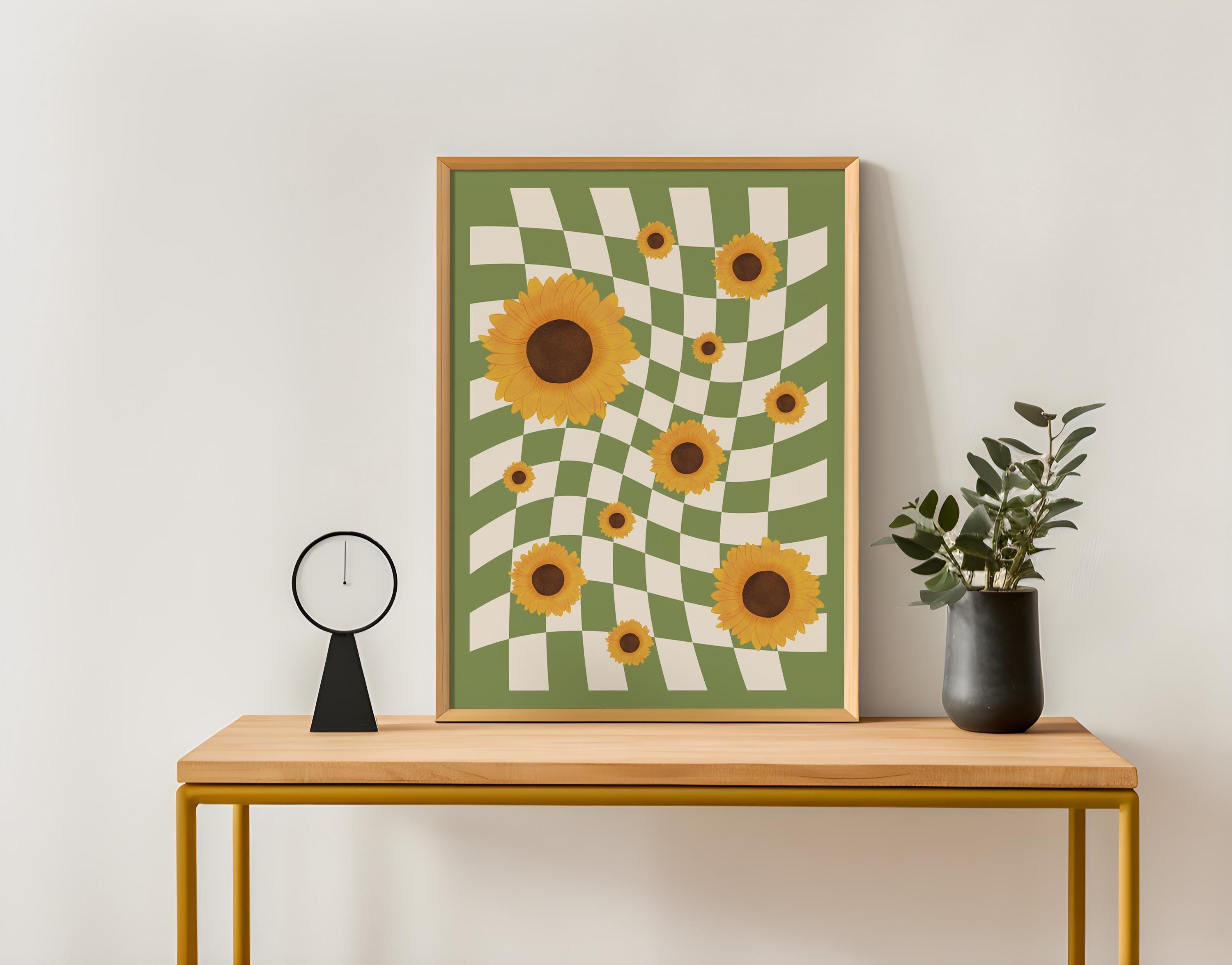 Sunflower Checker Box Sage Green Wall Art, Retro Trendy Wall Art ...