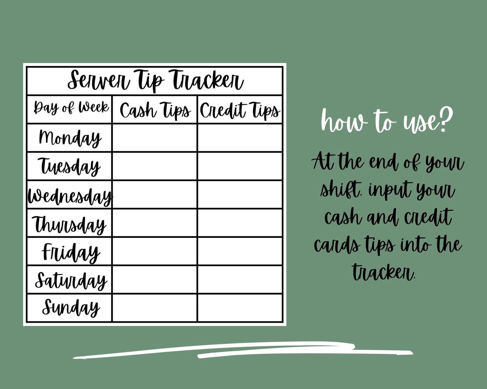 Server Weekly Tip Tracker Perfect for Waitress and Waiter From All Restaurant Types Digital ...