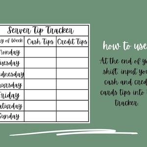 Server Weekly Tip Tracker Perfect for Waitress and Waiter From All ...