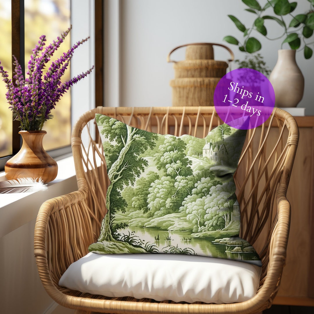 French Country Cottage Toile Square Pillow in Green Vintage Cottage ...