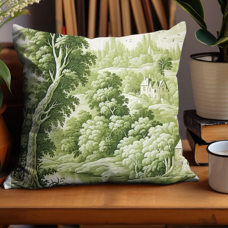 French Country Cottage Toile Square Pillow in Green Vintage Cottage ...