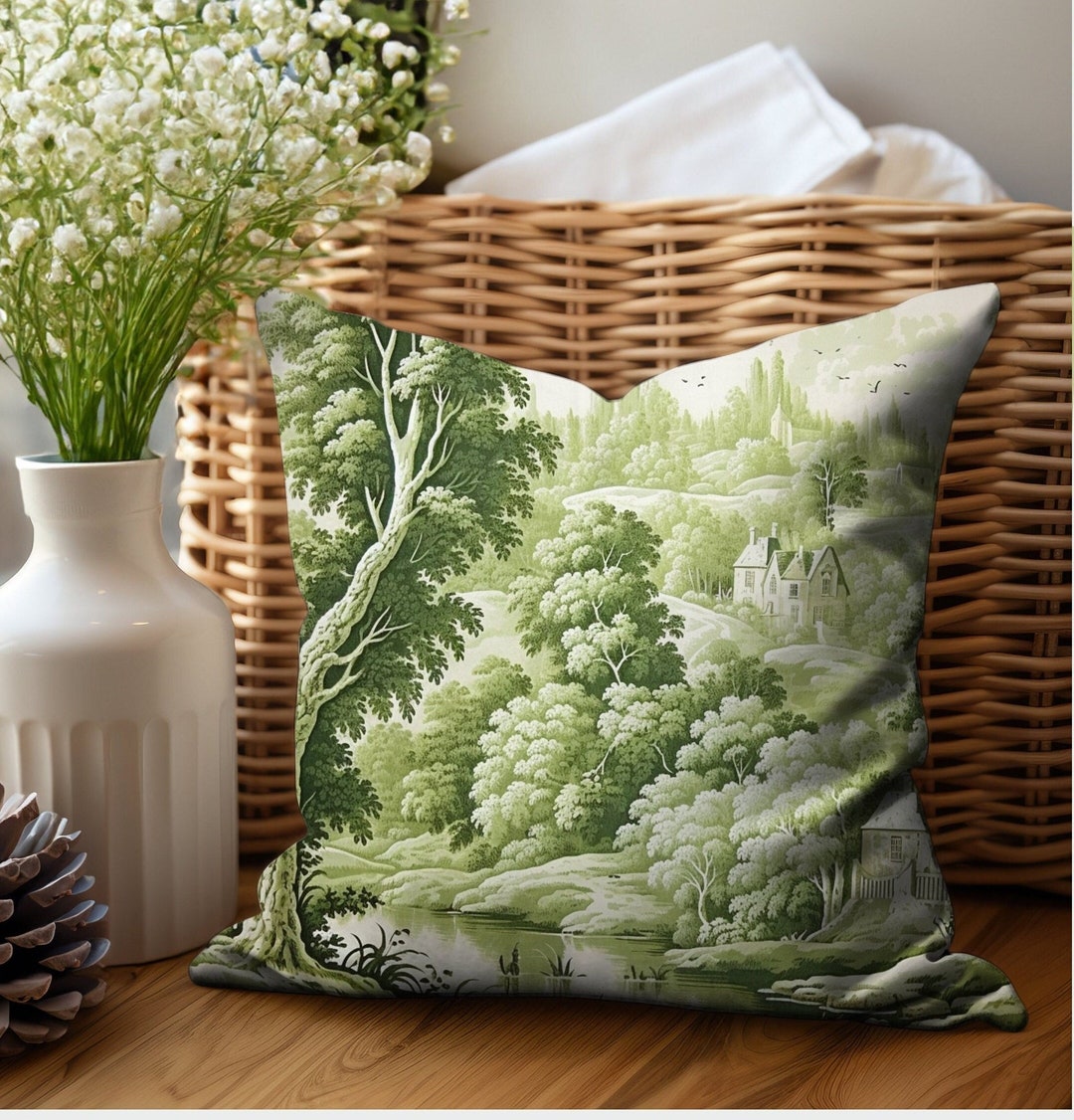 French Country Cottage Green Toile Pillow Cover, Shabby Green Accent ...