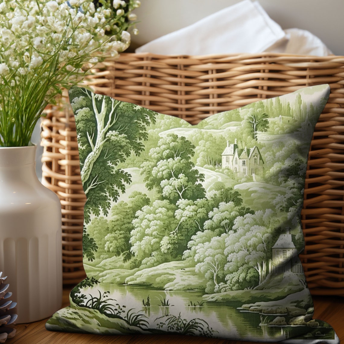 French Country Cottage Toile Square Pillow in Green Vintage Cottage ...