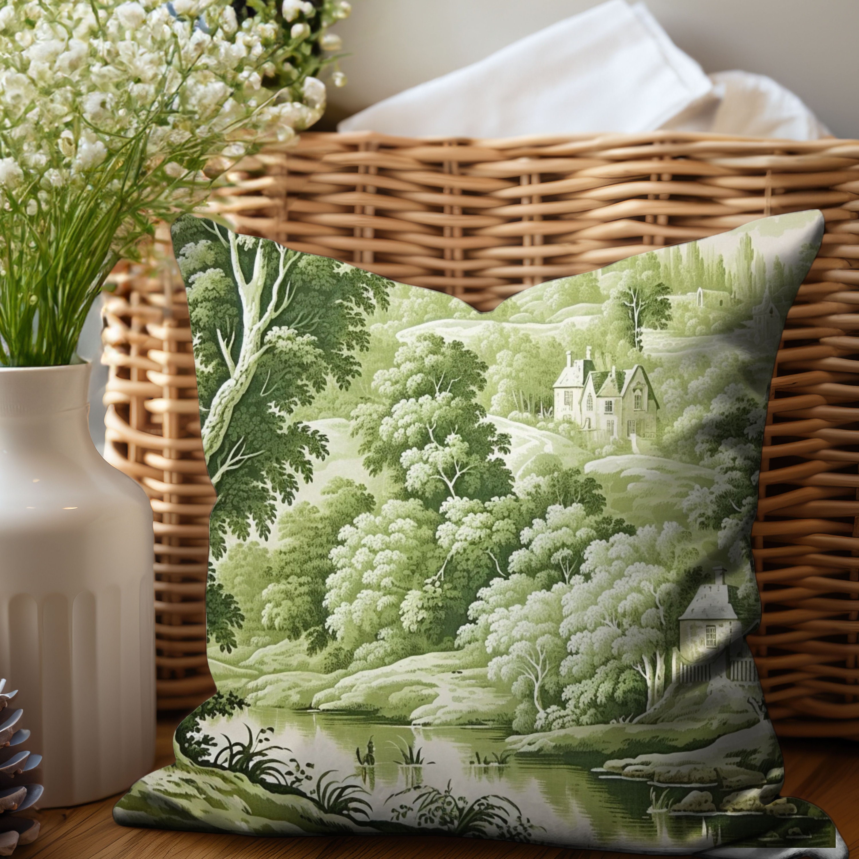 French Country Cottage Toile Square Pillow in Green Vintage Cottage ...