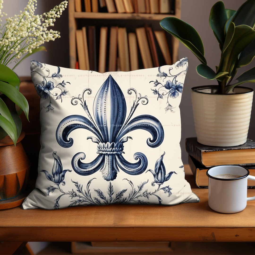 French Country Pillow With Insert | Blue Fleur De Lis Throw Pillow ...