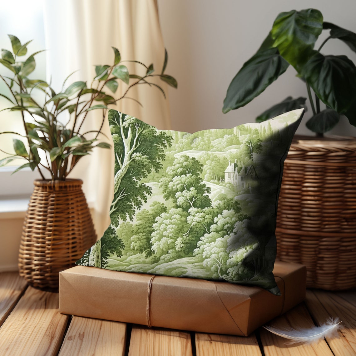 French Country Cottage Toile Square Pillow in Green Vintage Cottage ...