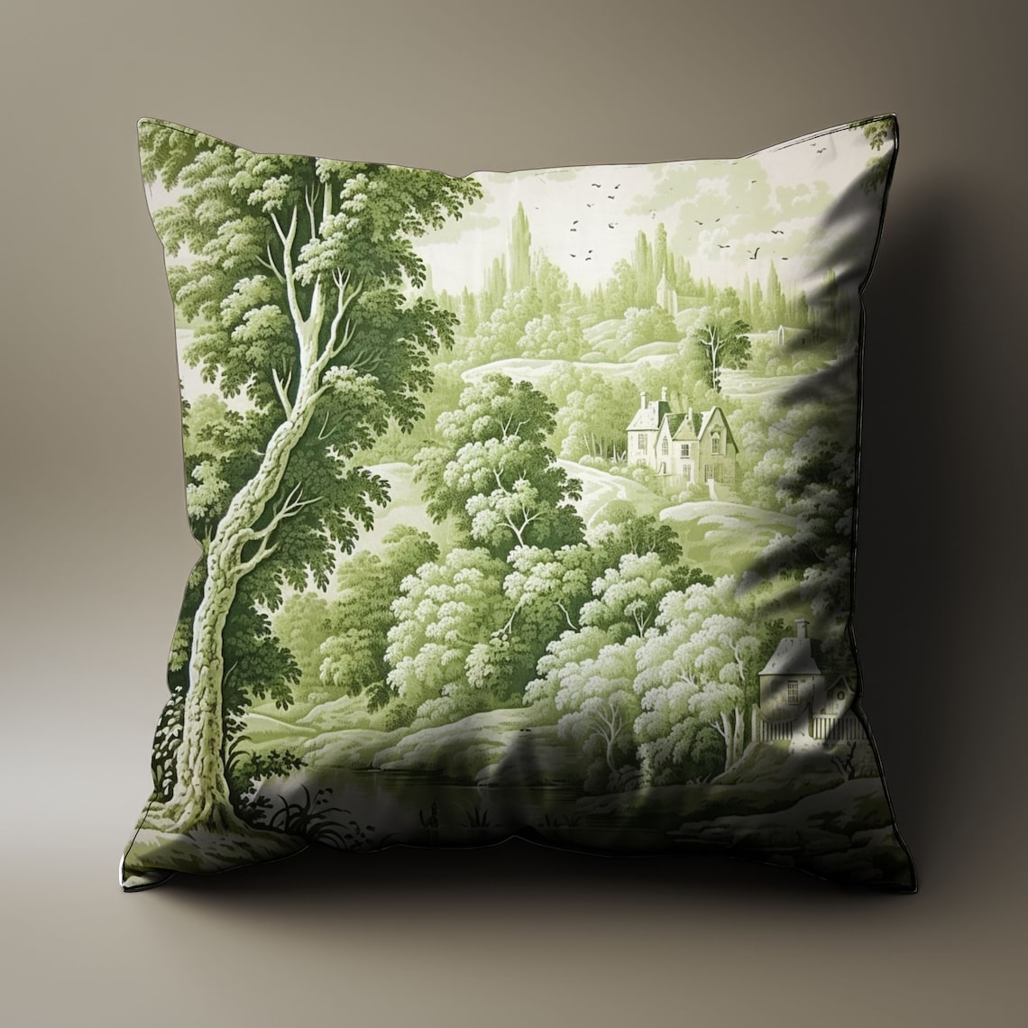 French Country Cottage Toile Square Pillow in Green Vintage Cottage ...