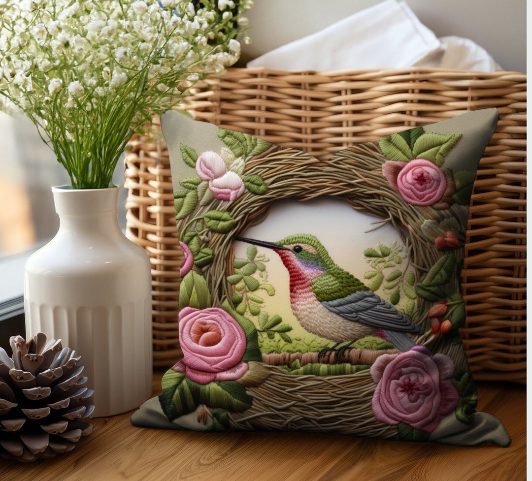 Needlepoint Style Bird Nest Hummingbird Throw Pillow Cover Spring Home ...