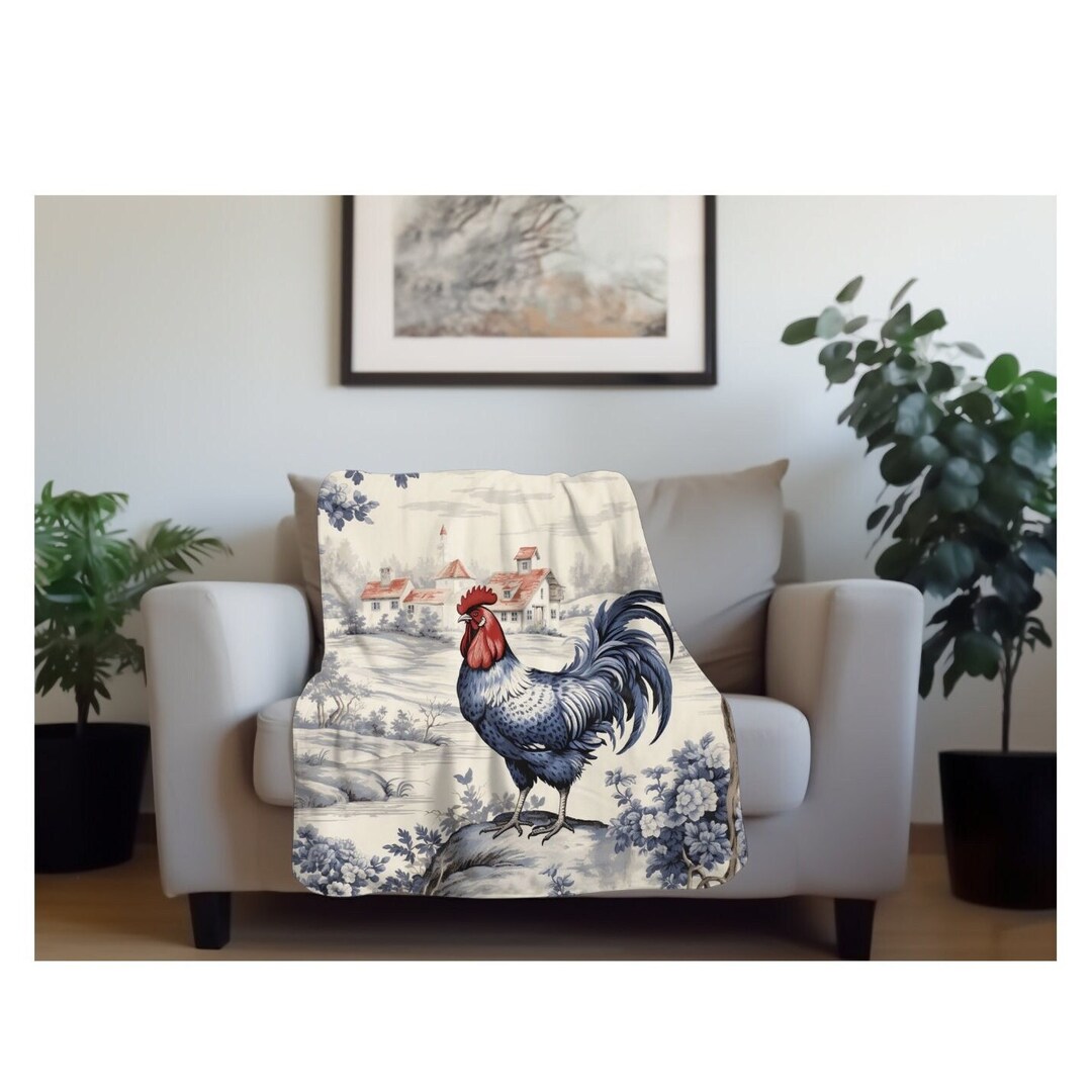 French Country Rooster Blanket | Rustic Farmhouse Sherpa Fleece Blanket ...