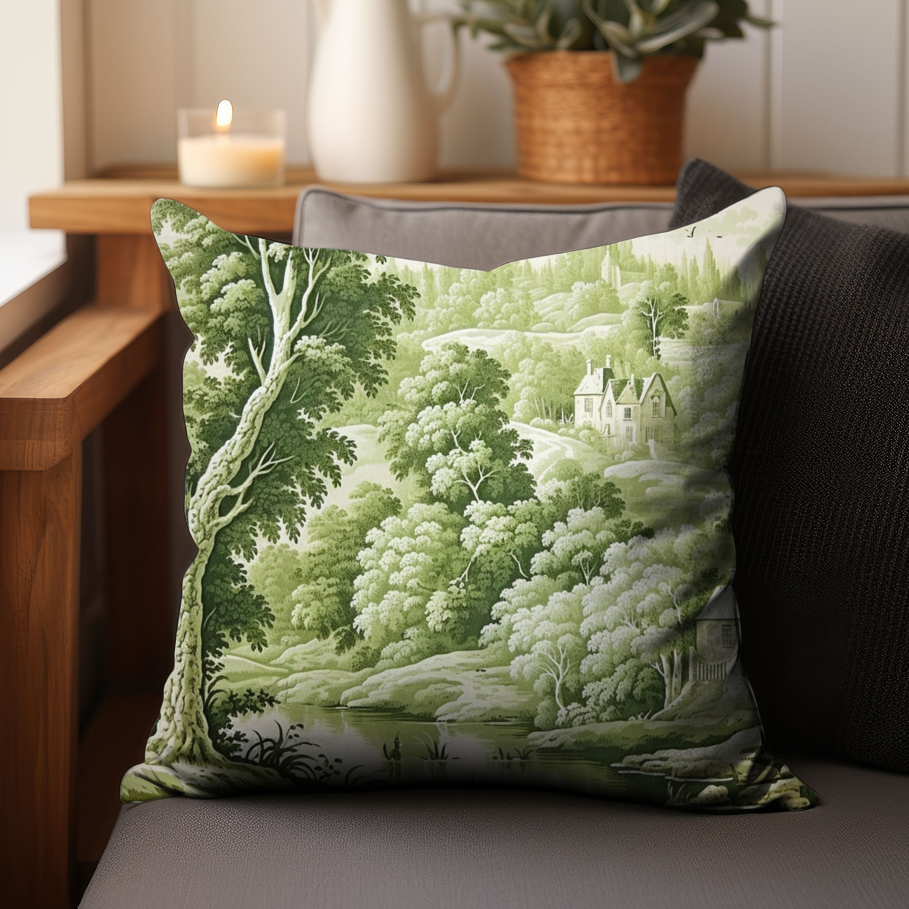 French Country Cottage Toile Square Pillow in Green Vintage Cottage ...