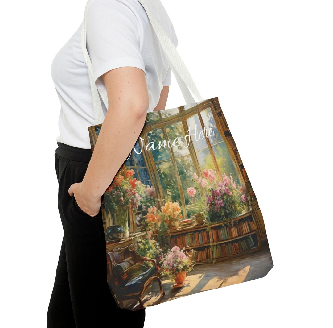 Library Window Floral Oil Painting Custom Name Tote Bag, Book Lover ...